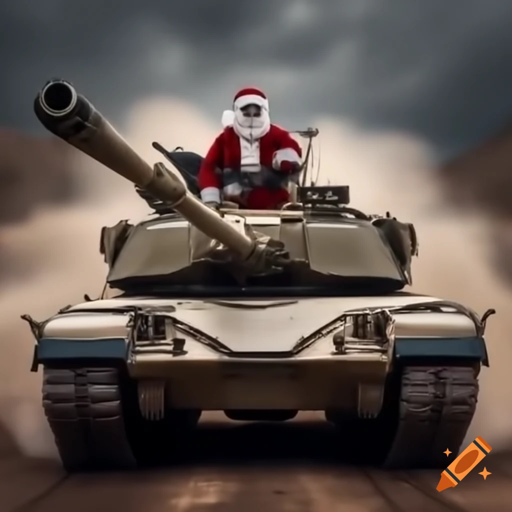 Santa claus riding an abrams tank during festive season on Craiyon