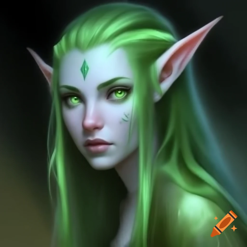 Elven woman with green hair and pale skin in fantasy setting on Craiyon