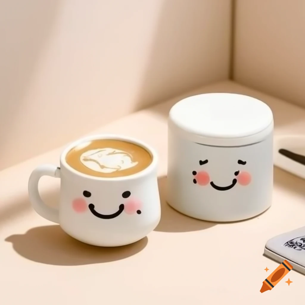 Cheerful coffee mug and creatine container with cartoon faces promoting ...