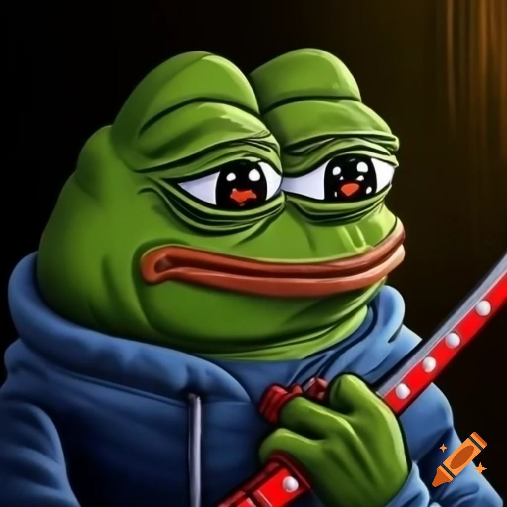 Pepe the frog depicting sadness while holding a red katana on Craiyon