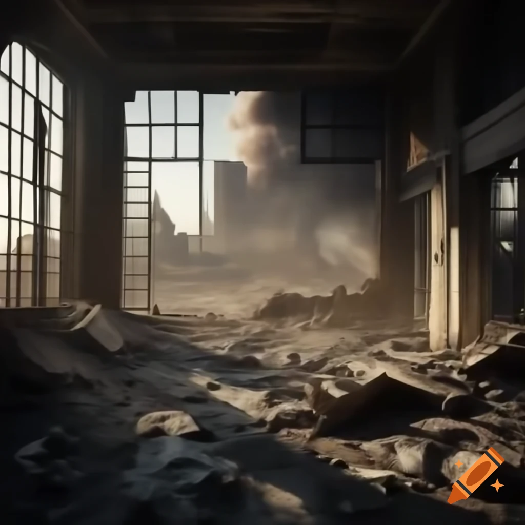 Destroyed hotel room with broken windows and smoke overlooking post ...