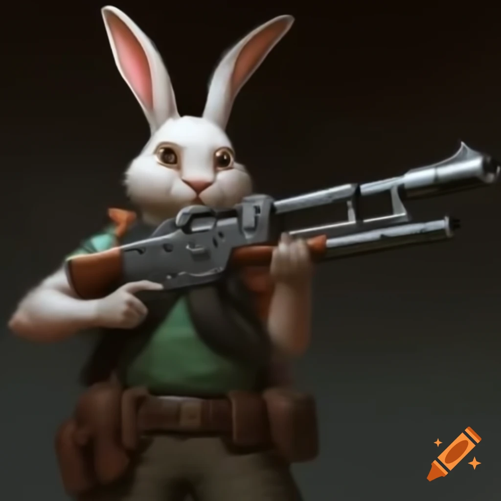 Humanoid bunny in mercenary outfit wielding large gun on Craiyon