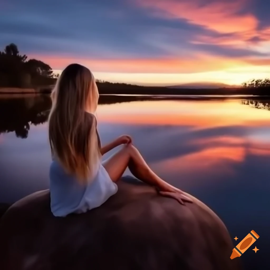 Woman in sundress sitting on rock, watching sunset over lake on Craiyon