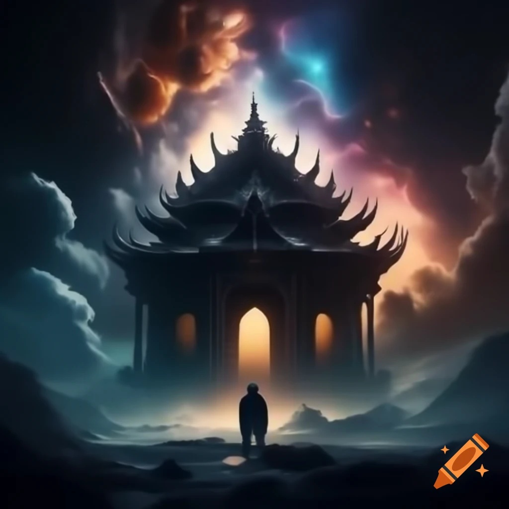 Celestial temple carved from starlight against vibrant nebula on Craiyon