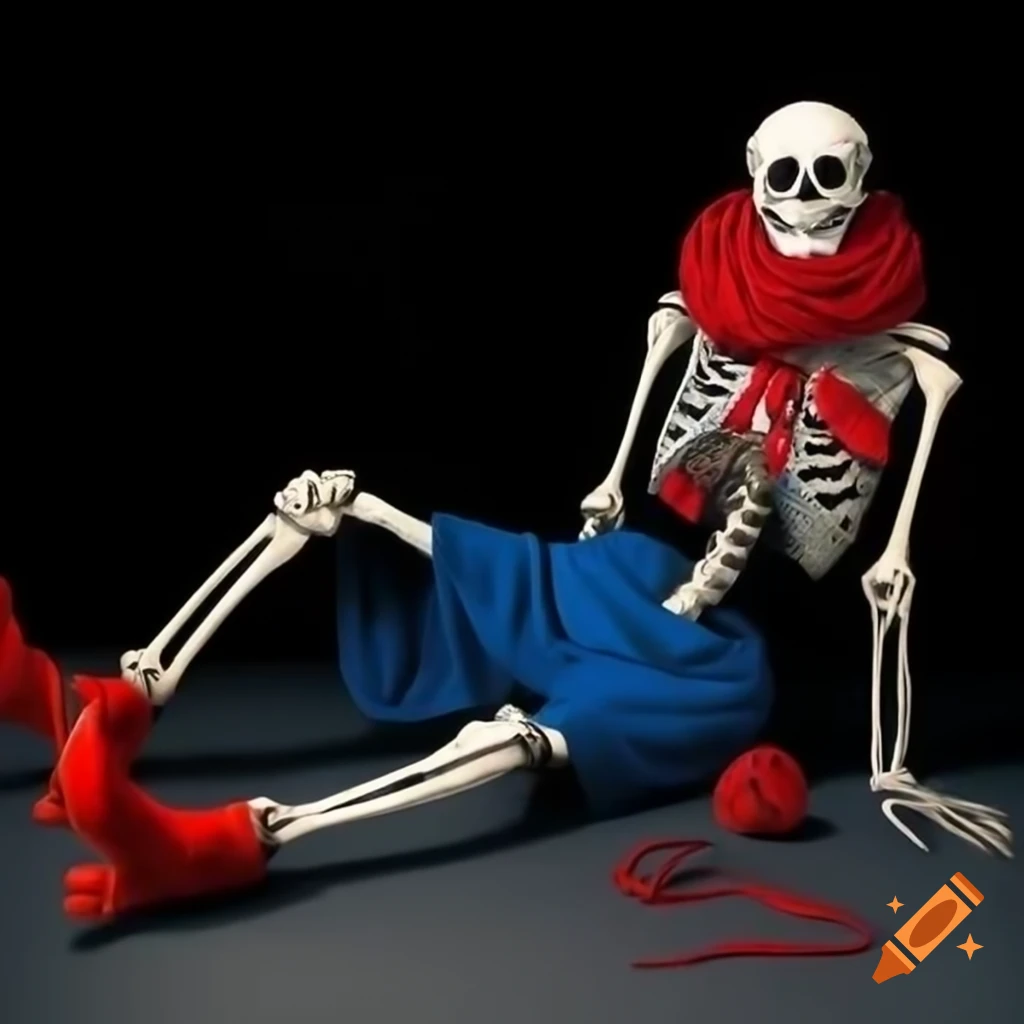 Skeleton in red boots, neck scarf, and blue shorts striking an ...
