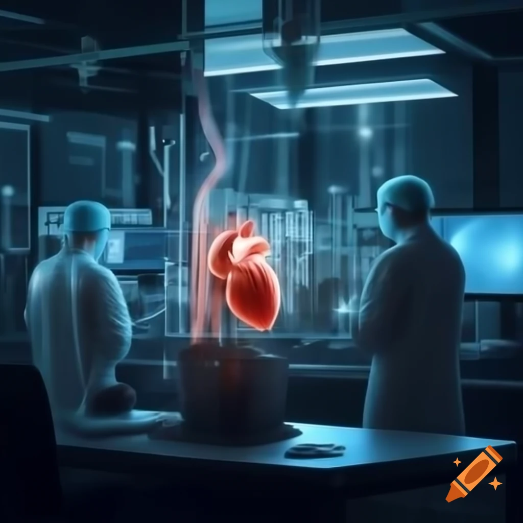 High-tech lab with 3D printer creating human organ, scientists in lab ...