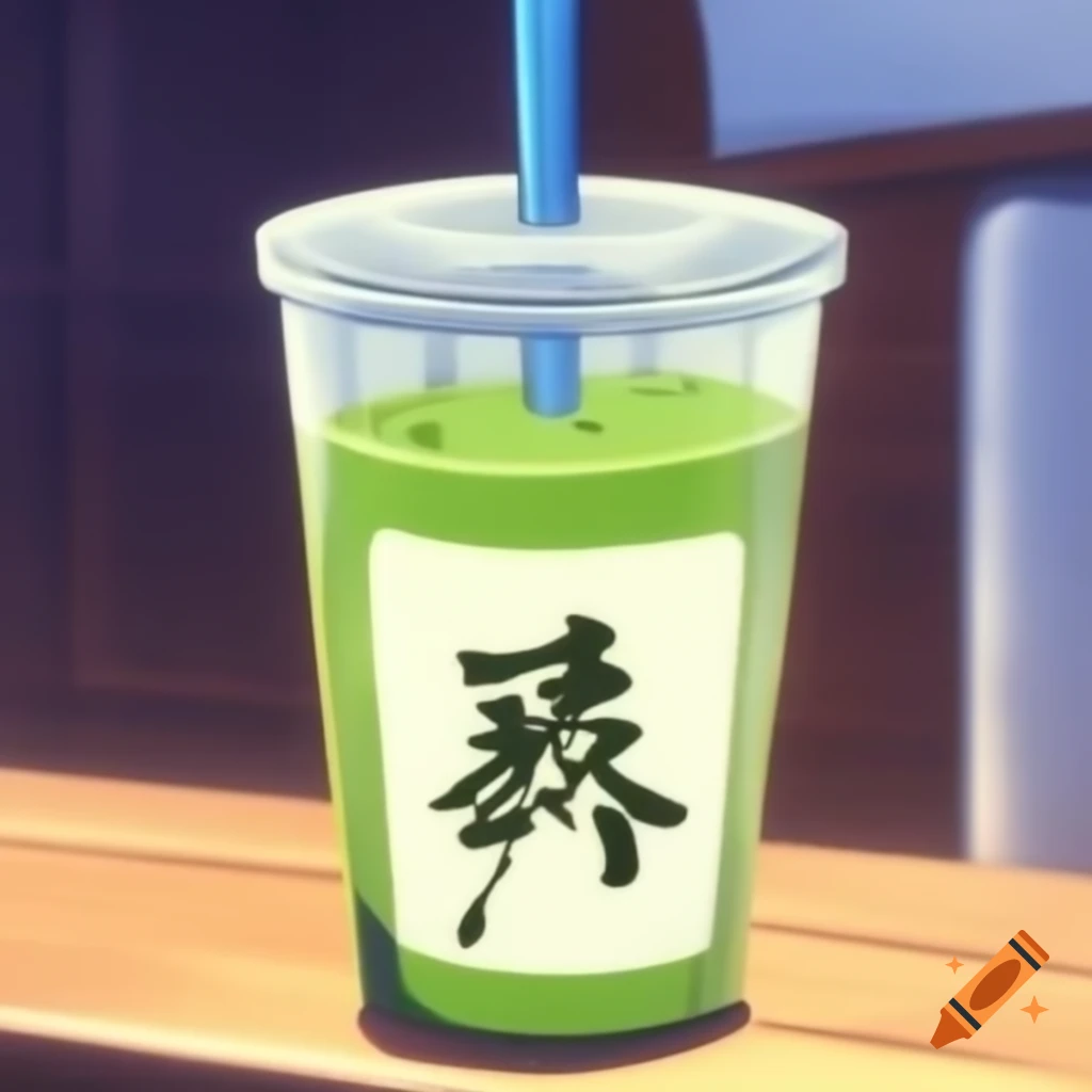 Iced matcha in a paper cup, anime style illustration on Craiyon