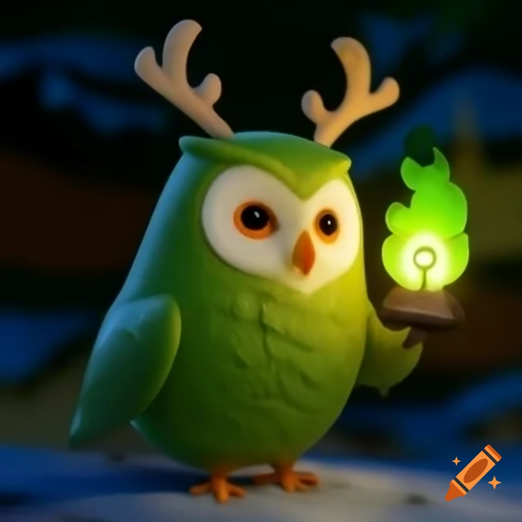 Bipedal green owl with elk antlers holding lantern with green flame on ...