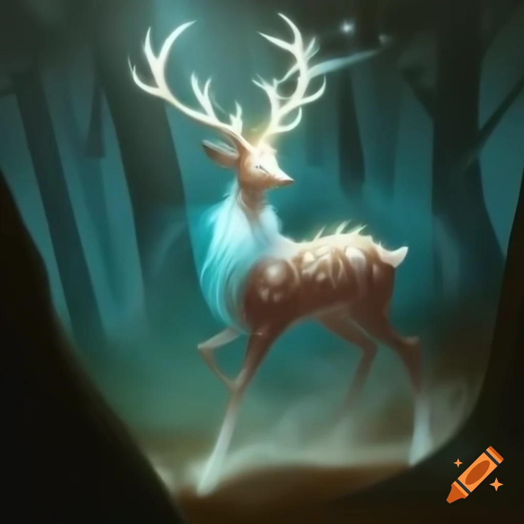 Enchanted deer with misty antlers in mystical forest, ethereal light ...