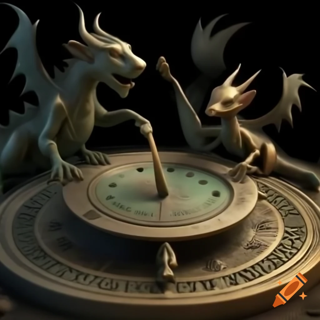 Whimsical bronze sundial with etched sprites and dragons, creating ...