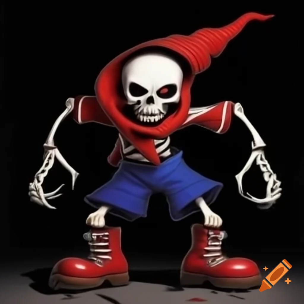 Evil skeleton in red boots and scarf posing dramatically on Craiyon