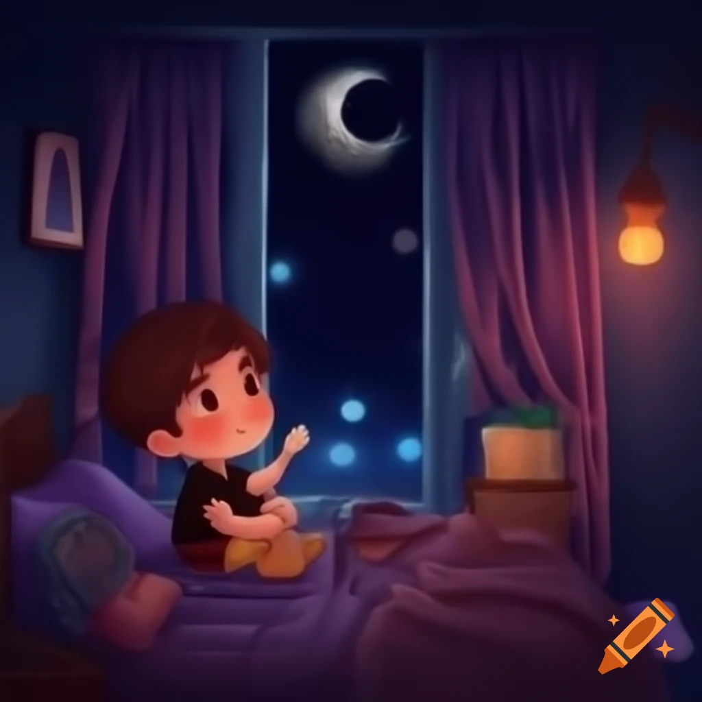 Cute chibi character sitting on bed with closed eyes, surrounded by ...