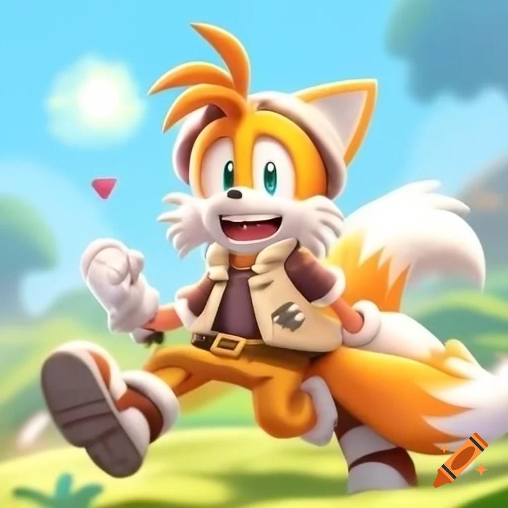 Two-tailed fox character soaring through sunny sky in aviator gear on ...