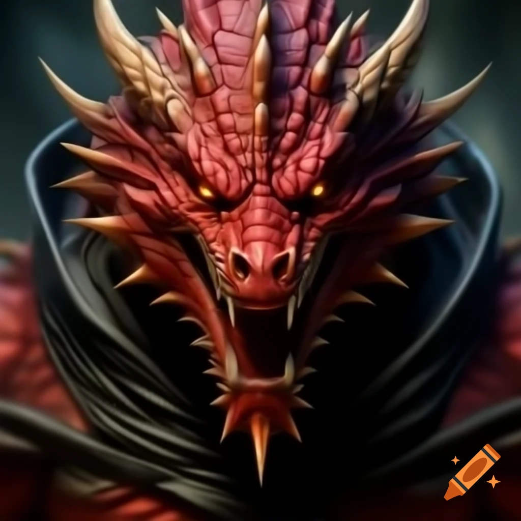 Evil crimson dragon with glowing eyes hidden under a black hood on Craiyon