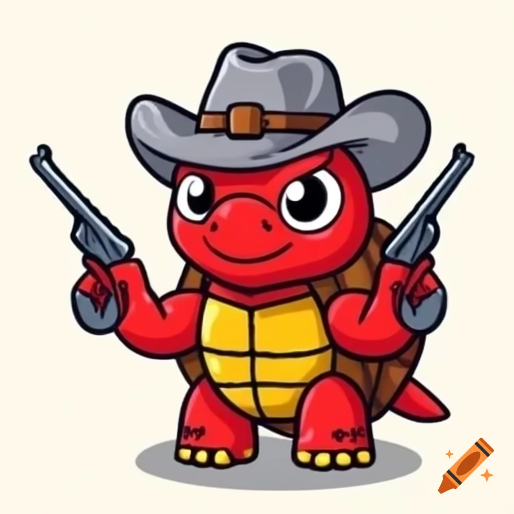 Cartoon red foot tortoise wearing cowboy hat and bandit mask with ...