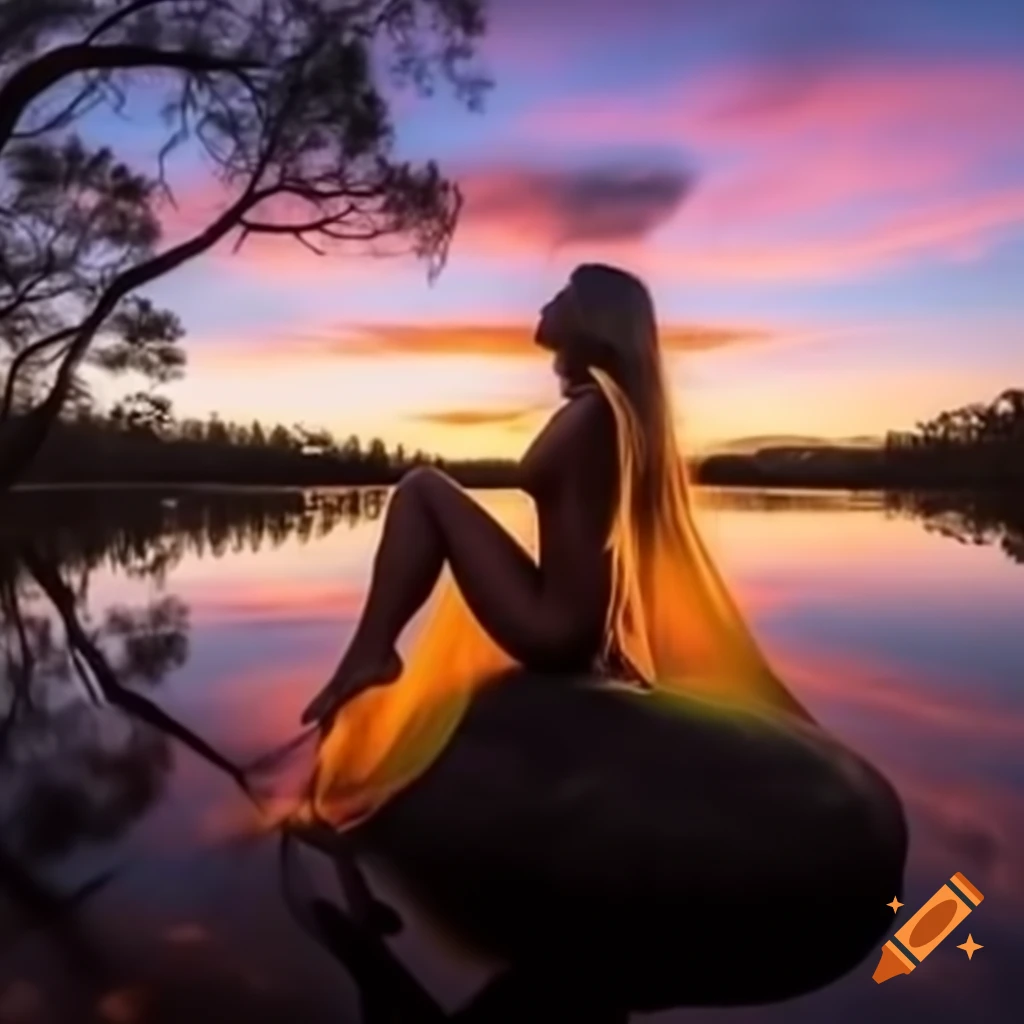 Woman in sundress sitting on rock, watching sunset over lake on Craiyon