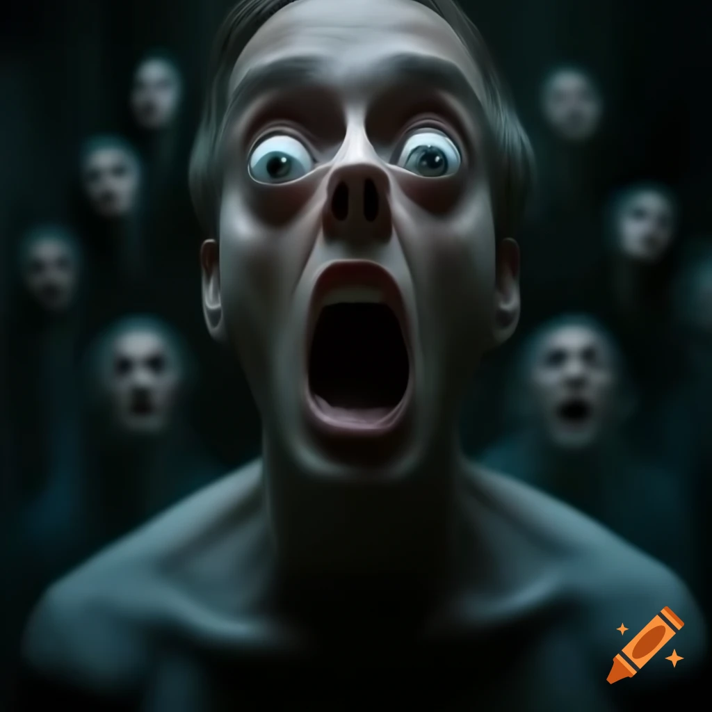 Terrified man in dark room showing intense anxiety and fear on Craiyon