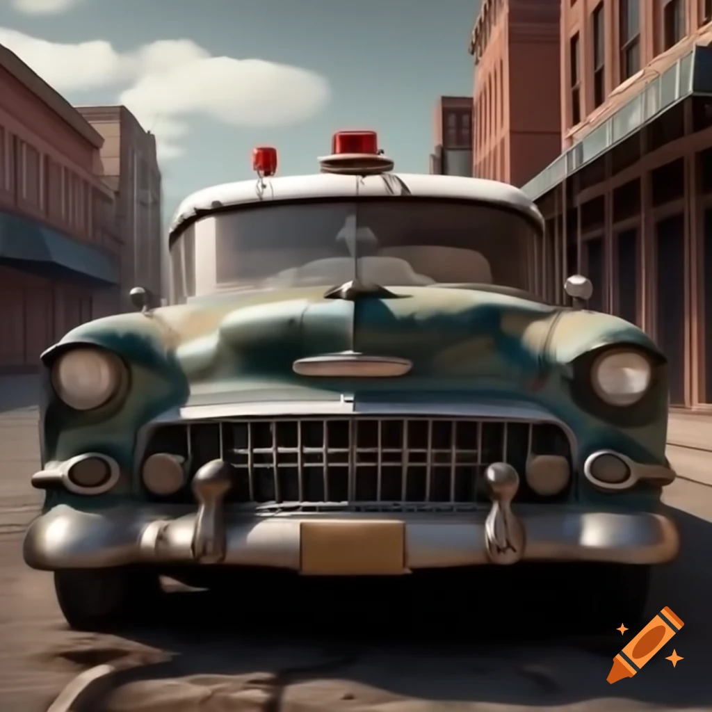 Detailed line art of abandoned 50's cop car in eerie forgotten town on ...