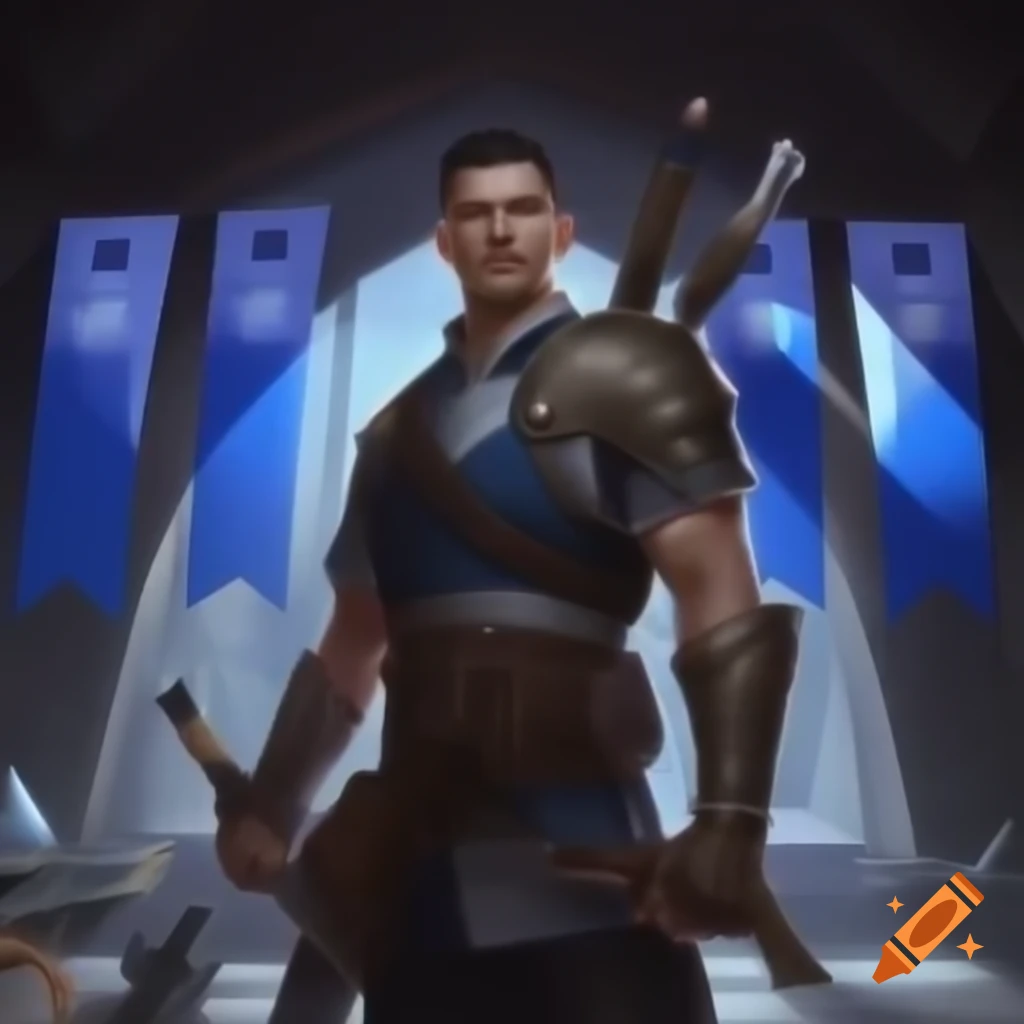 Roguish archer in brightly lit hall with blue banners and array of ...