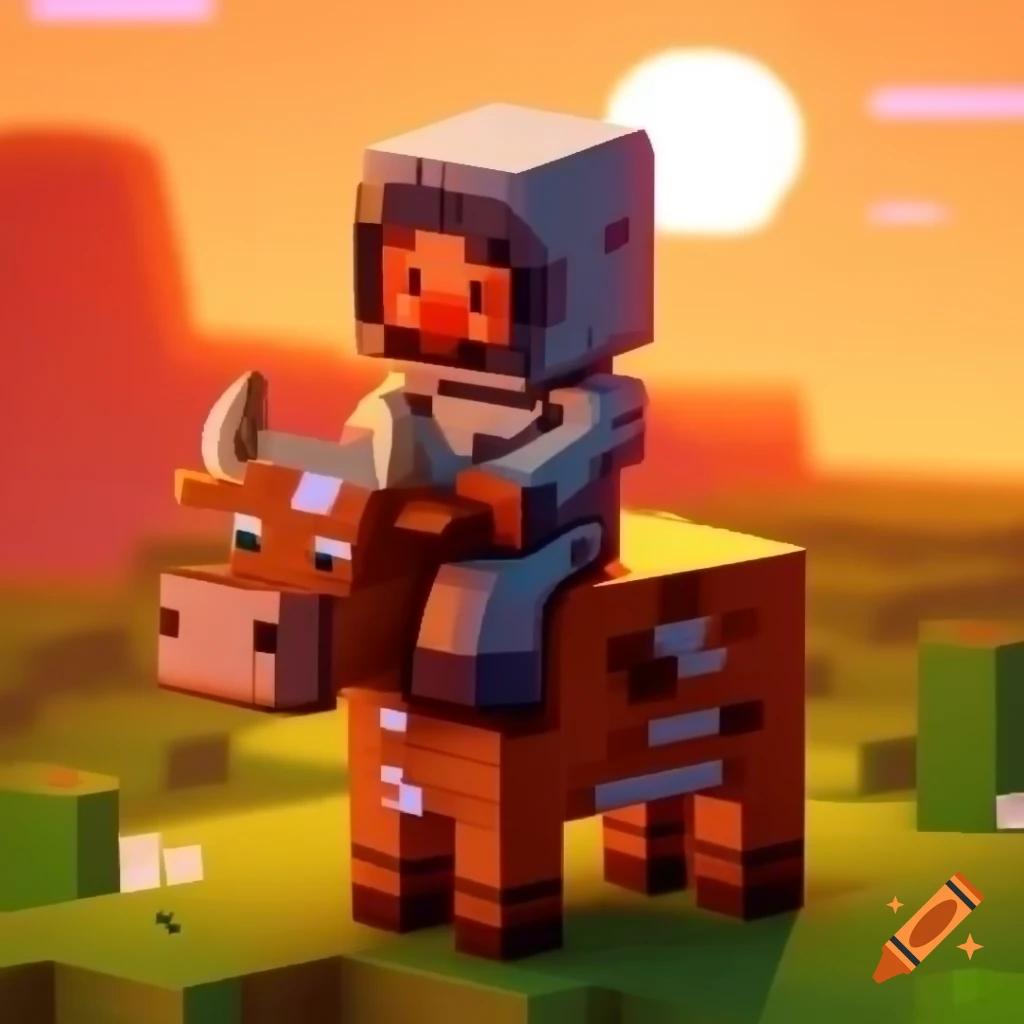 8-bit astronaut riding pixelated cow in minecraft sunset landscape on ...