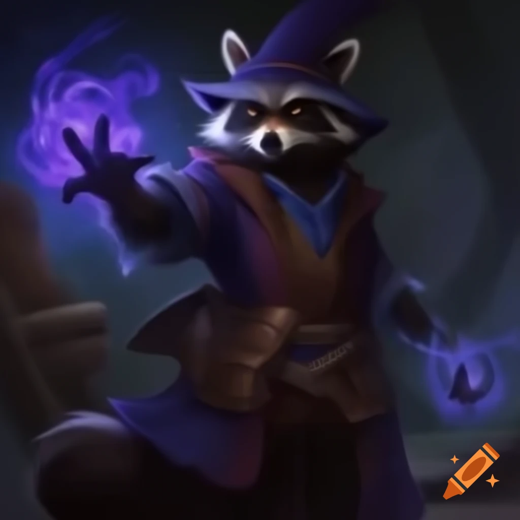 Raccoon wizard casting dark magic spell in dark fantasy art on Craiyon