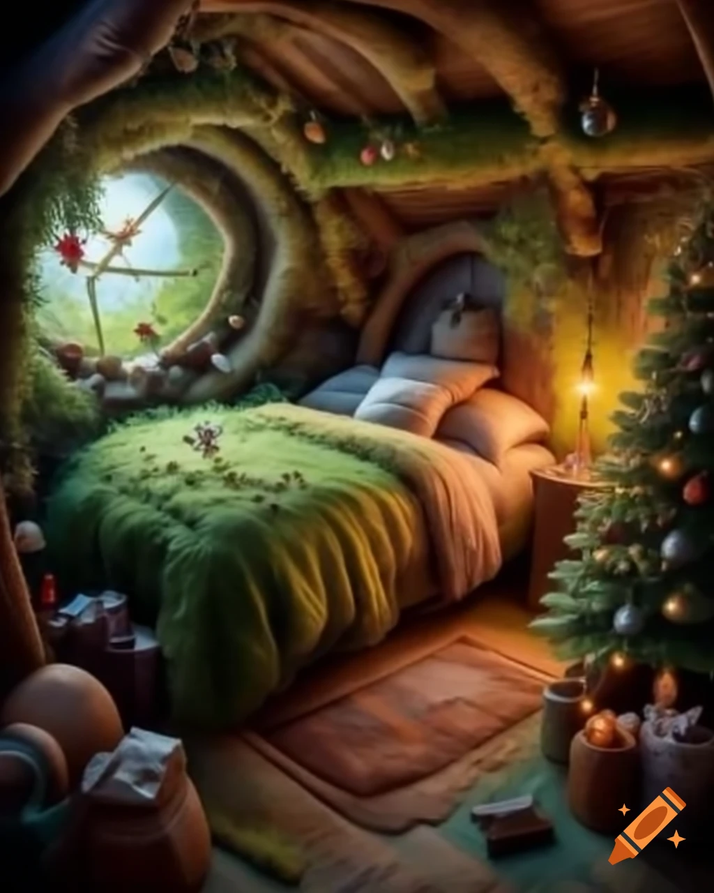 Cozy mossy hobbit bedroom decorated for Christmas with lights and tree ...