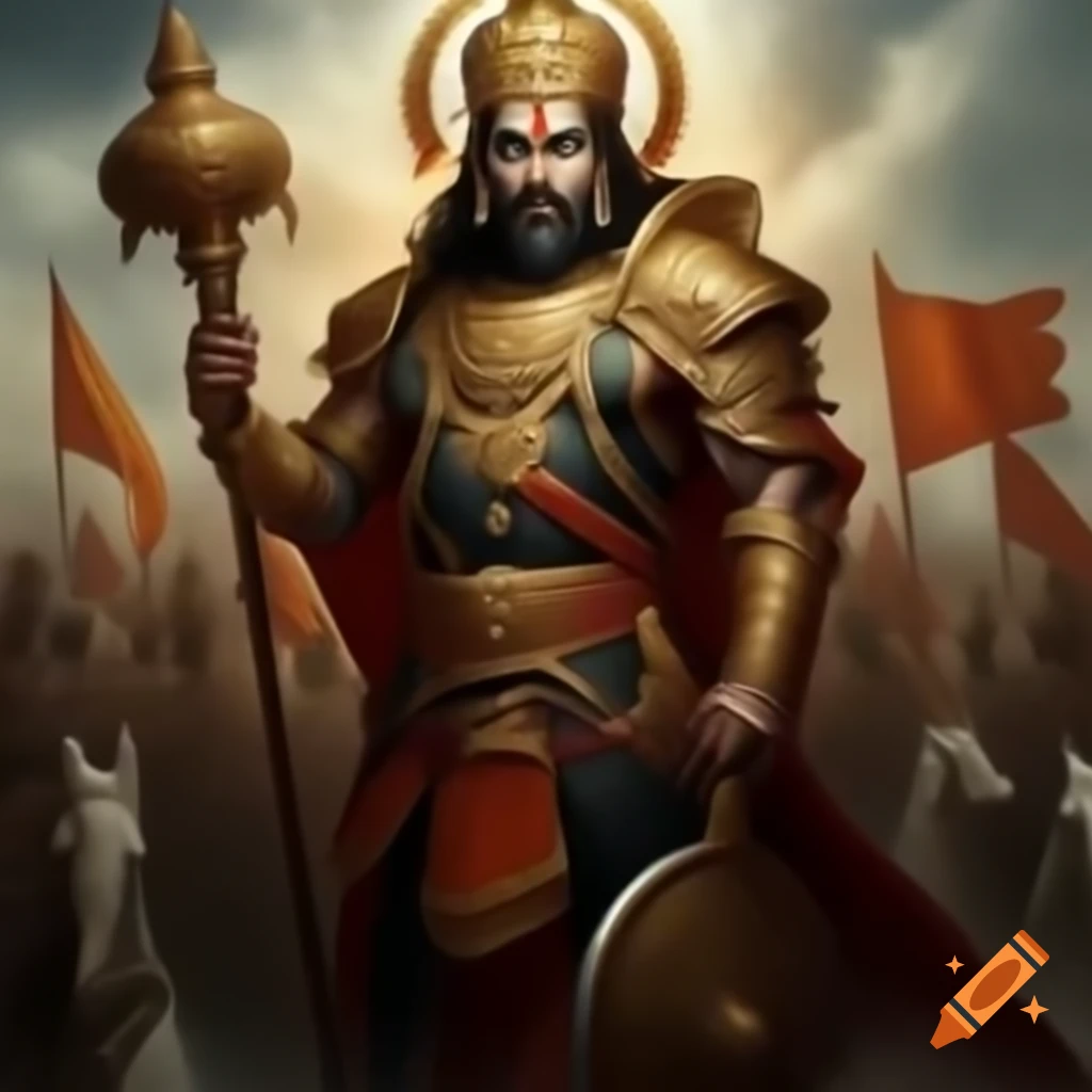 Fierce Hindu prince Duryodhana in gold and black armor with Kaurava ...