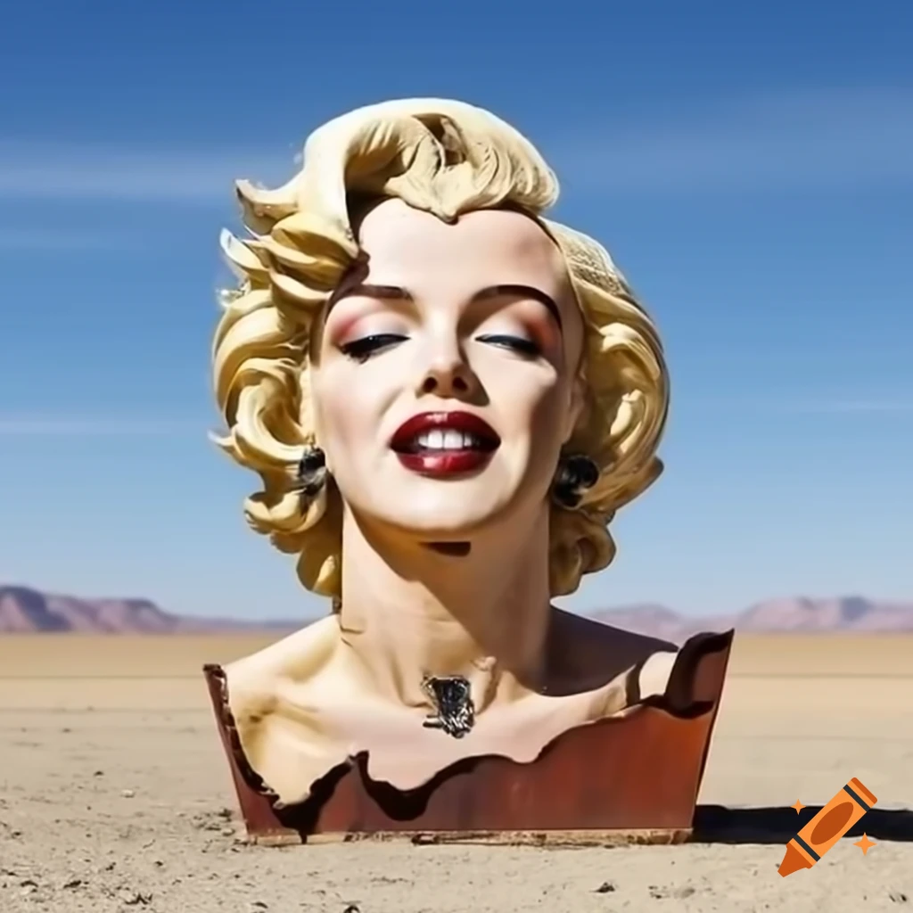 Worn and rusted sculpture of Marilyn Monroe in desert landscape on Craiyon