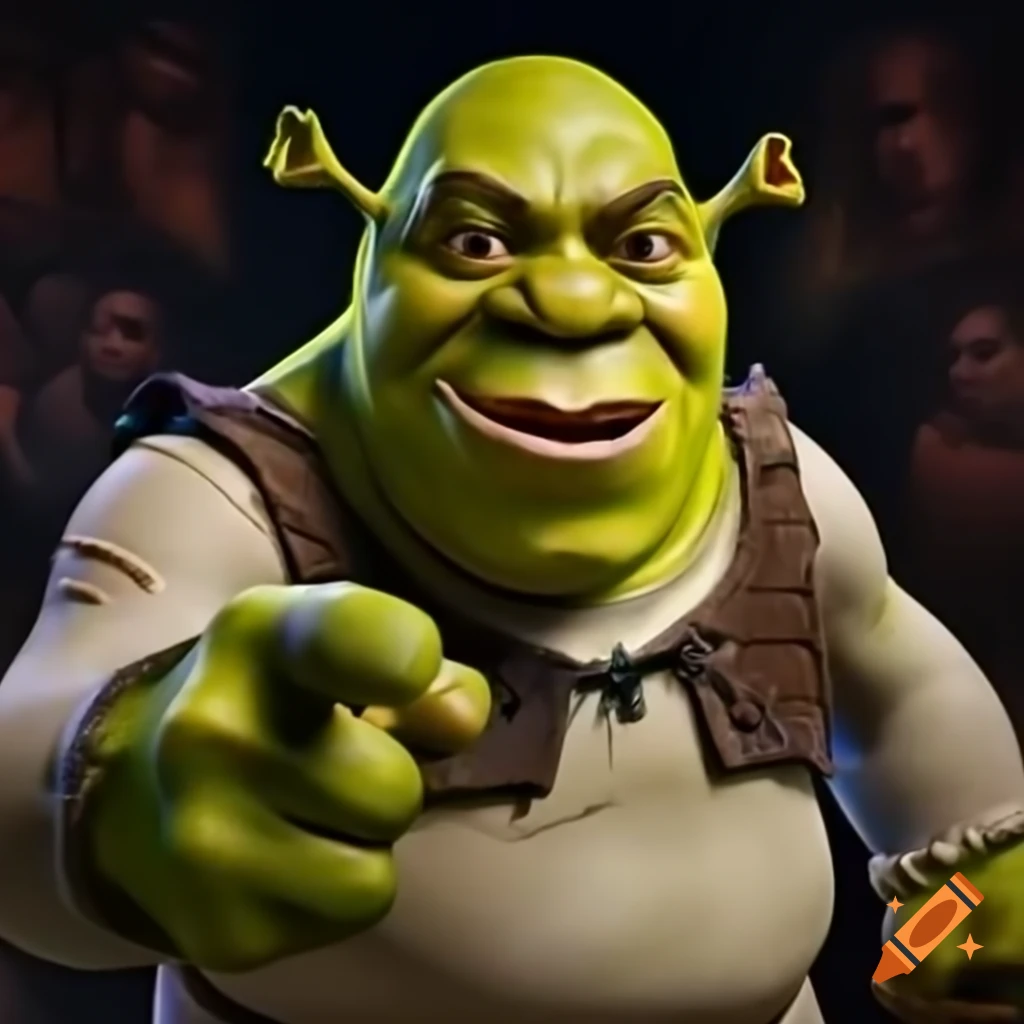 Angry Shrek in a suit pointing in propaganda poster style on Craiyon