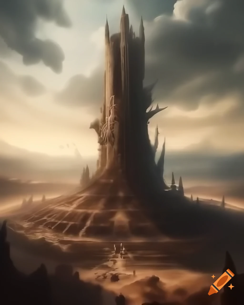 Colossal fantasy tower overlooking medieval city in barren wasteland on ...