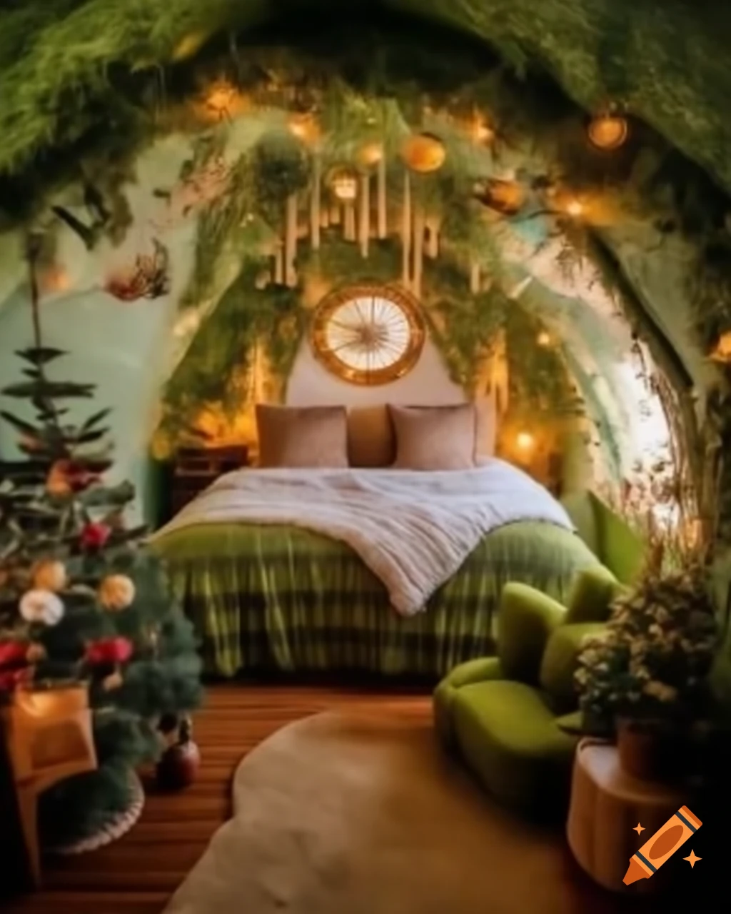 Cozy mossy hobbit bedroom decorated for Christmas with lights and tree ...