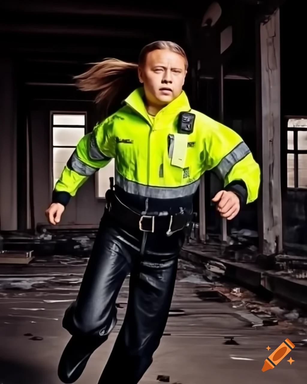 Detailed portrait of a police officer in fluorescent jacket and black ...