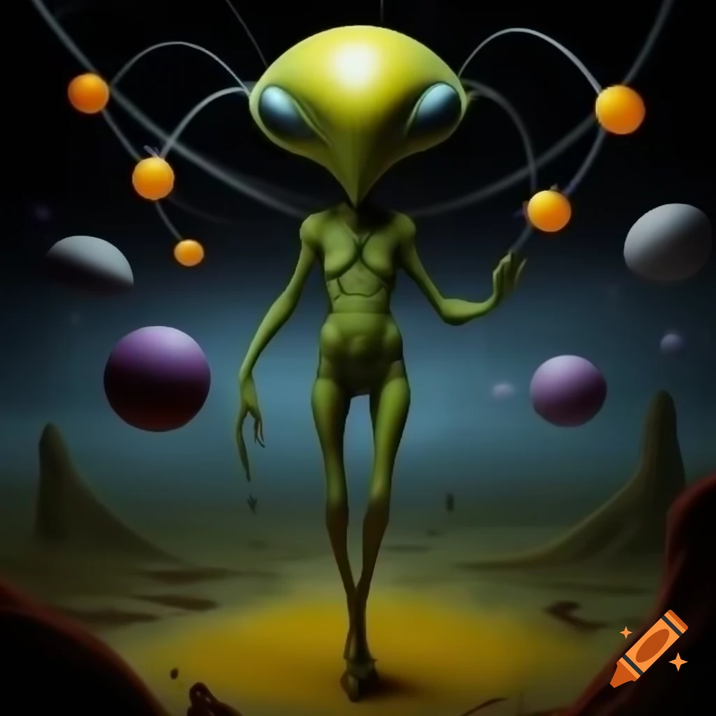 Highly realistic alien suspended in energy beam from hovering UFO on ...