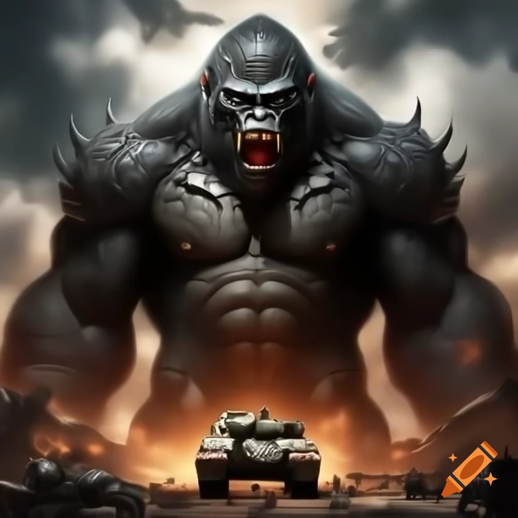 Massive beast combining gorilla features with armored tank structure on Craiyon