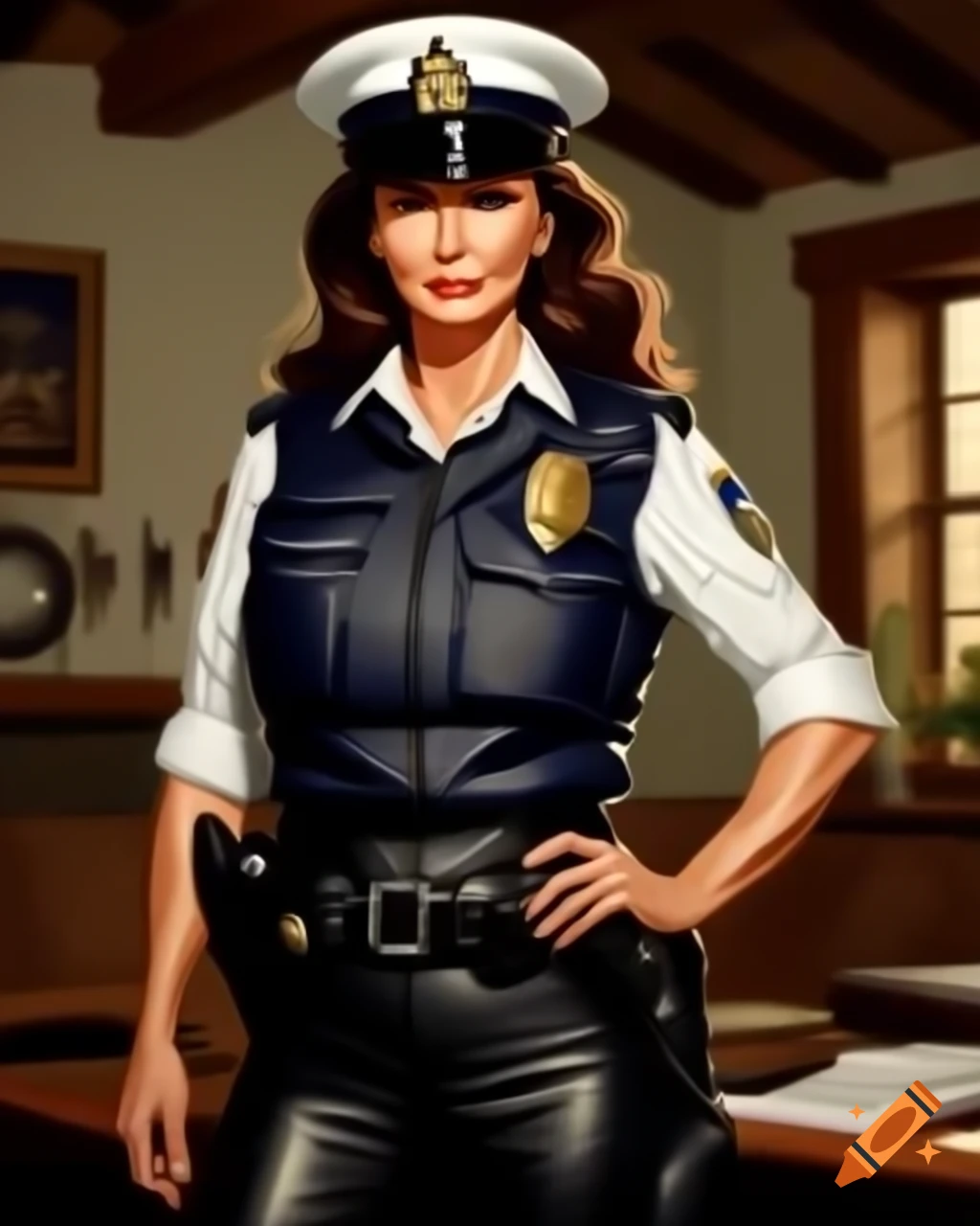 Portrait of police officer in black body armor and white uniform shirt ...