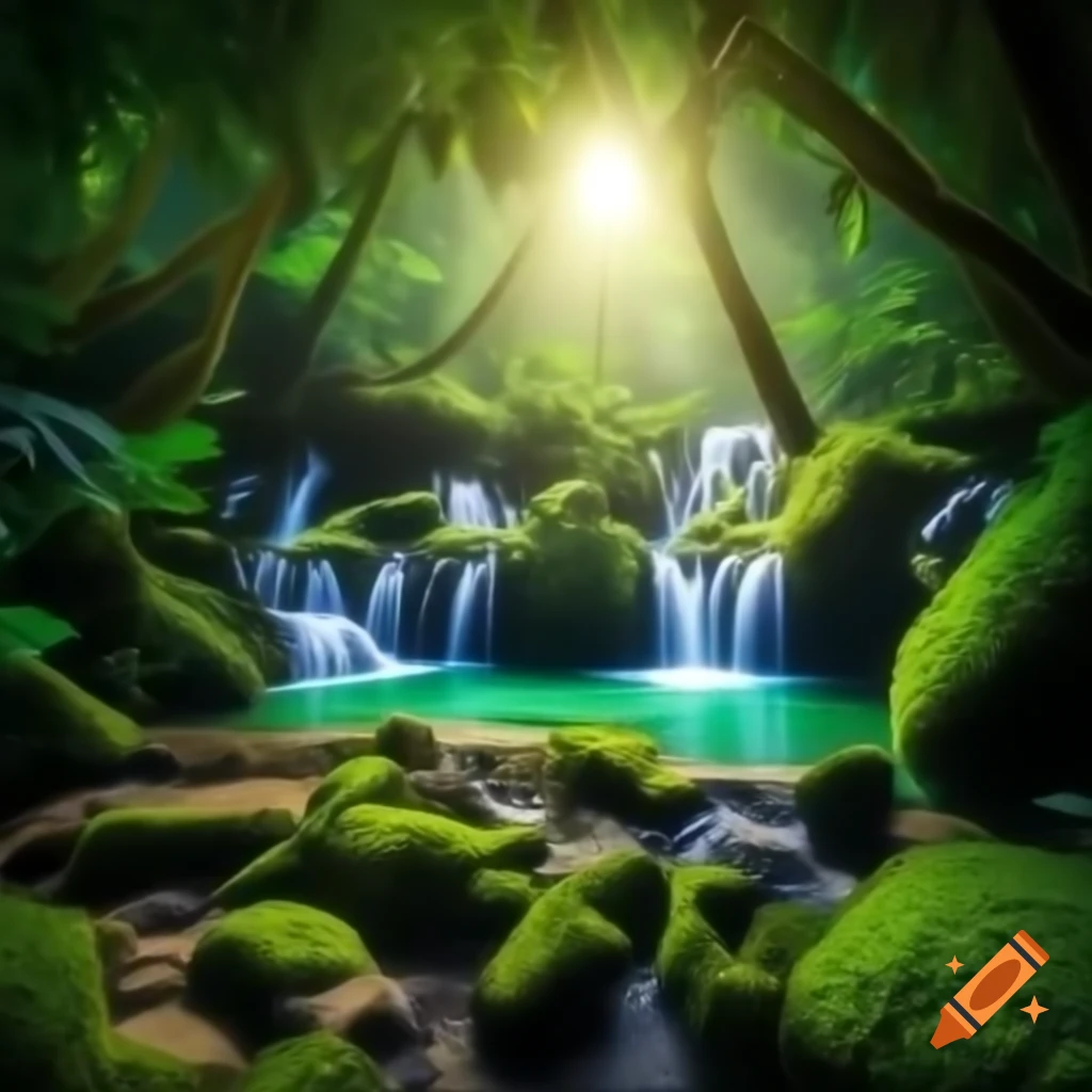 Sunlight illuminating emerald waterfalls in vibrant jungle paradise on ...