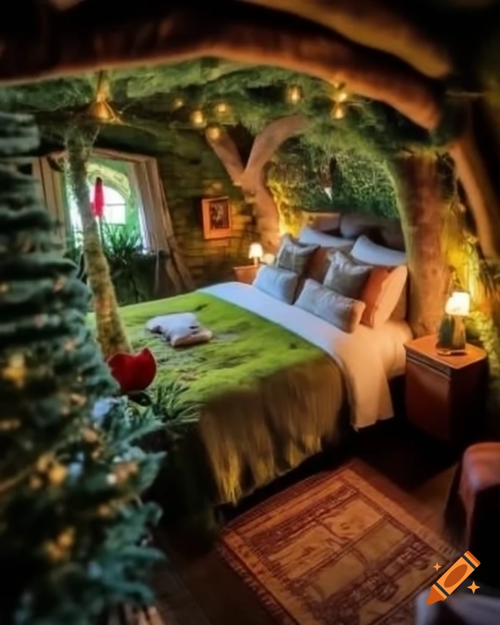 Cozy mossy hobbit bedroom decorated for Christmas with lights and tree ...