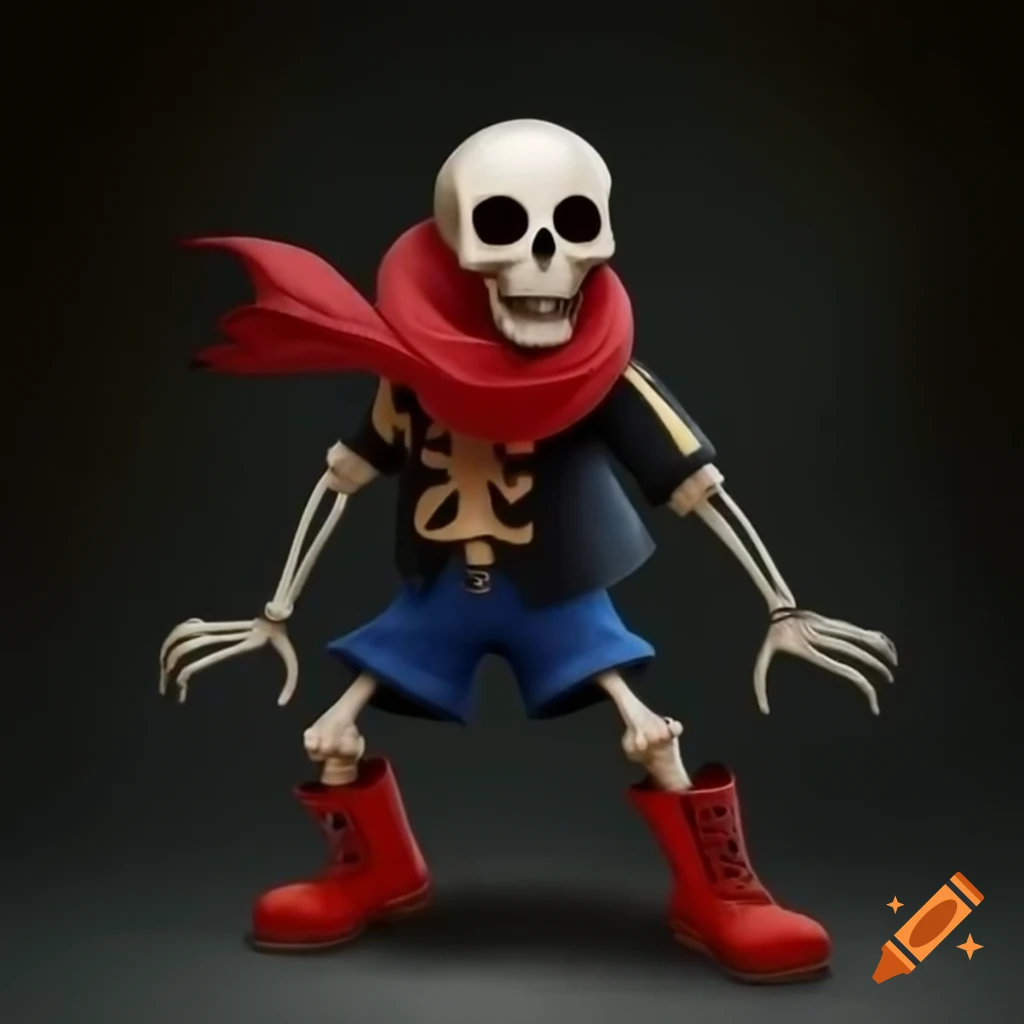 Evil skeleton in red boots and scarf posing dramatically on Craiyon