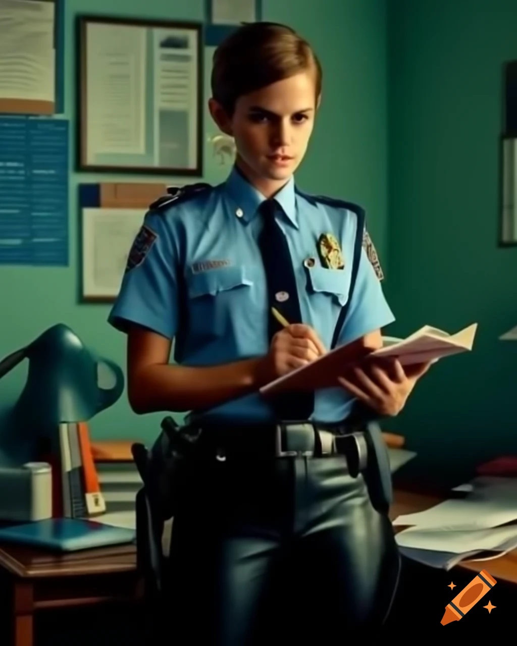 British actress Emma Watson in police uniform portrait, ultra HD on Craiyon