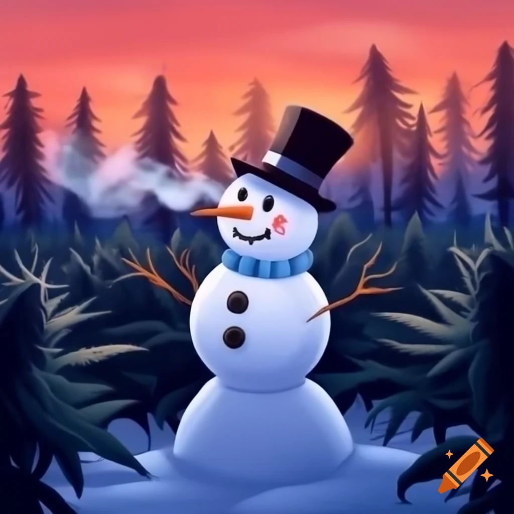 Snowman in winter sunset in front of cannabis farm on Craiyon