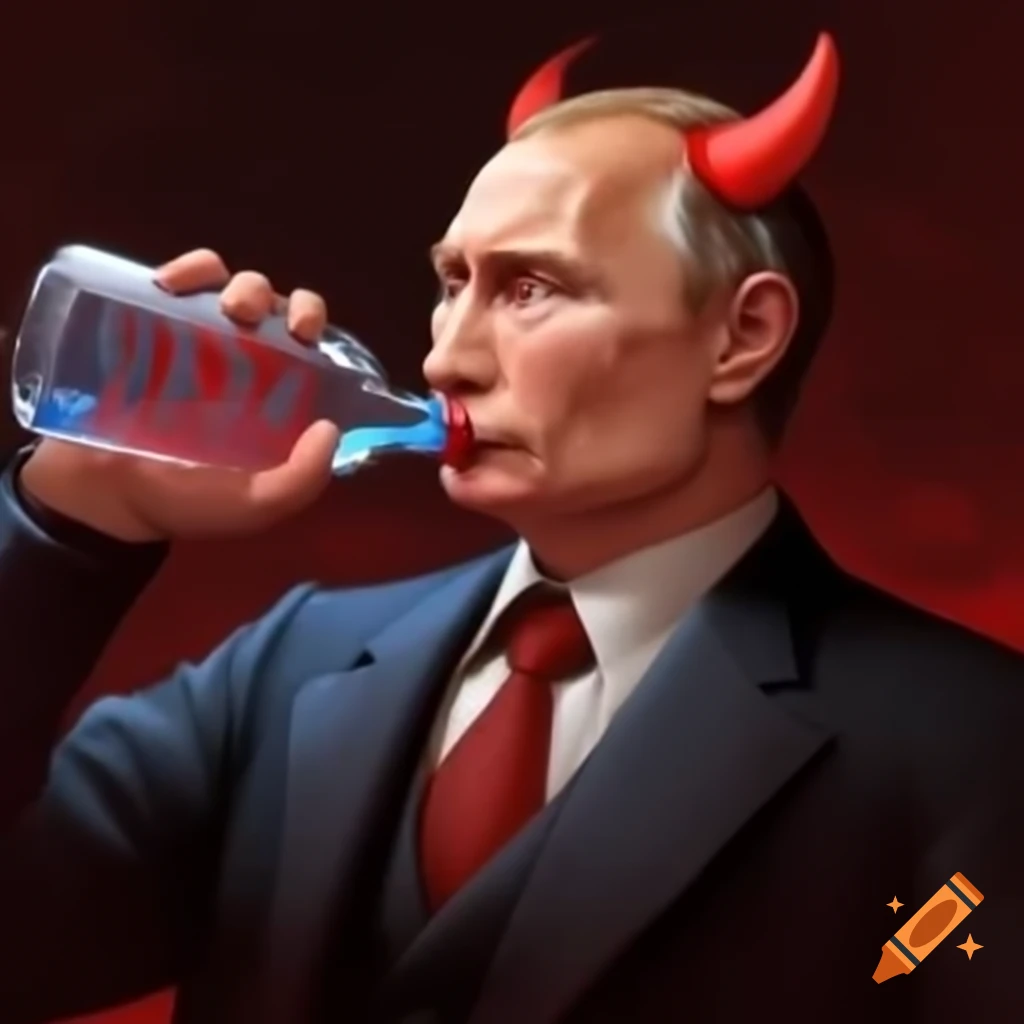 Satirical depiction of vladimir putin as the devil holding vodka on Craiyon