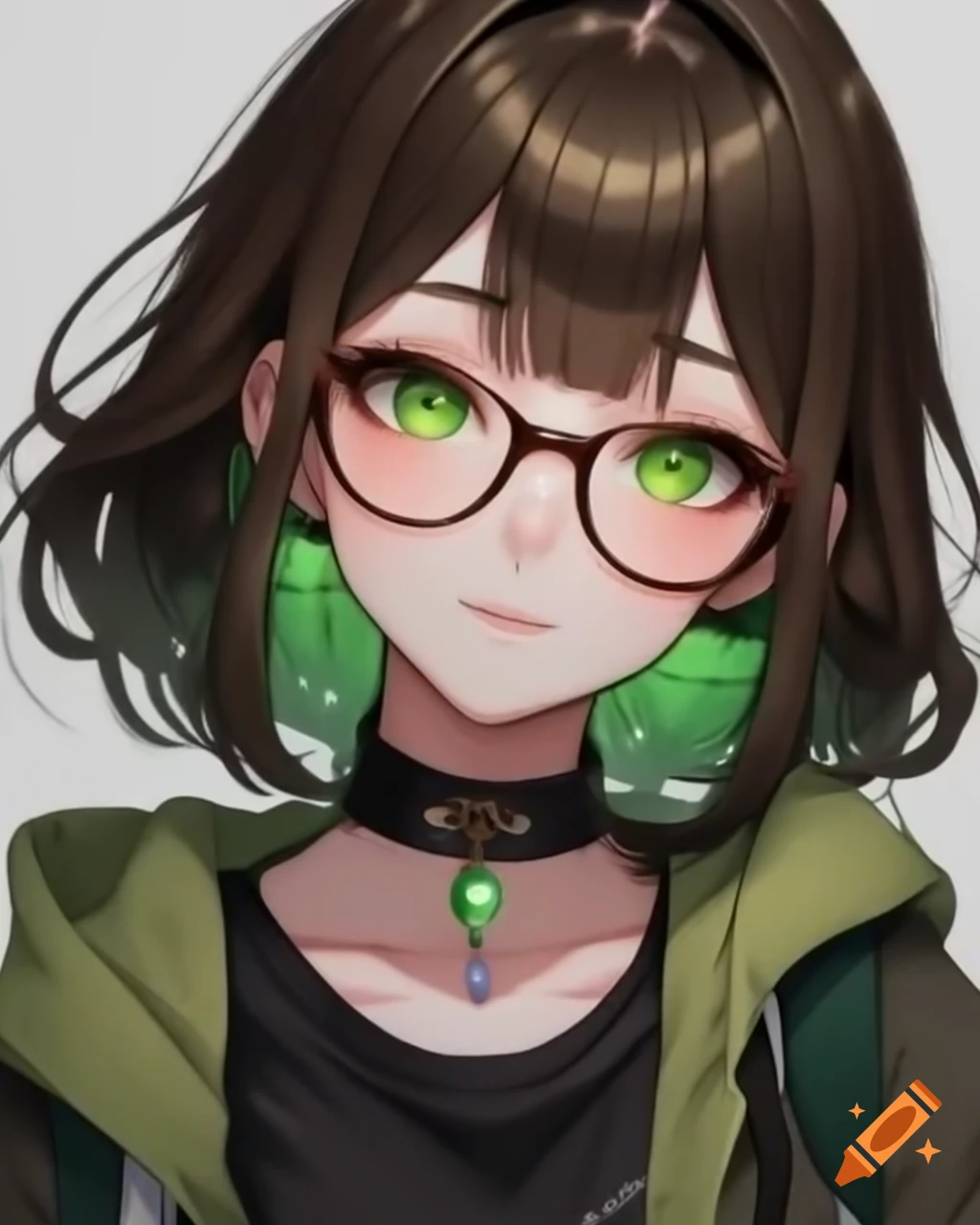 Vtuber avatar with green eyes, glasses, and stylish brown hair in a ...