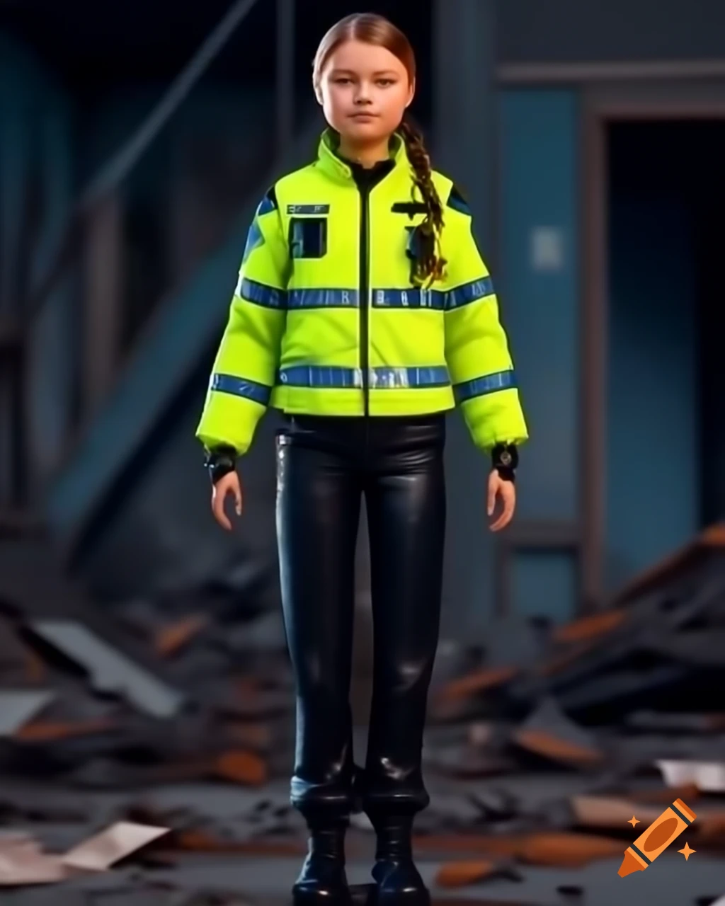 Young police officer in fluorescent uniform and leather trousers ...