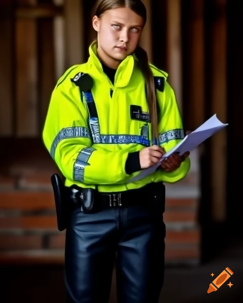 Ultra HD portrait of police officer in fluorescent uniform and leather ...