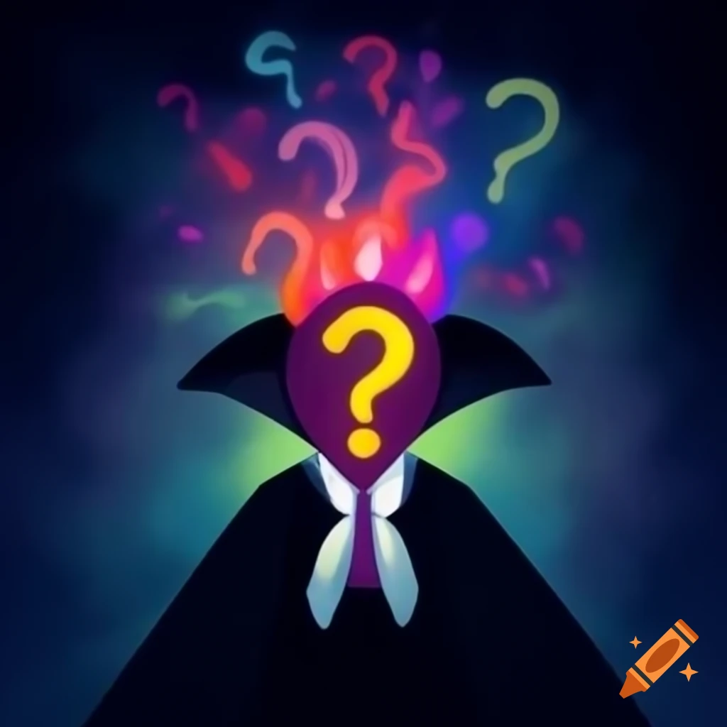 Magician with question mark face surrounded by colorful magic effects ...