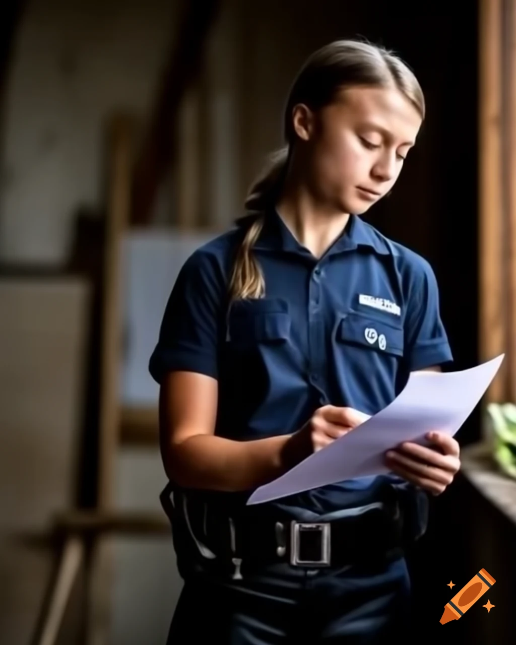 Police officer taking notes in uniform, standing confidently on Craiyon