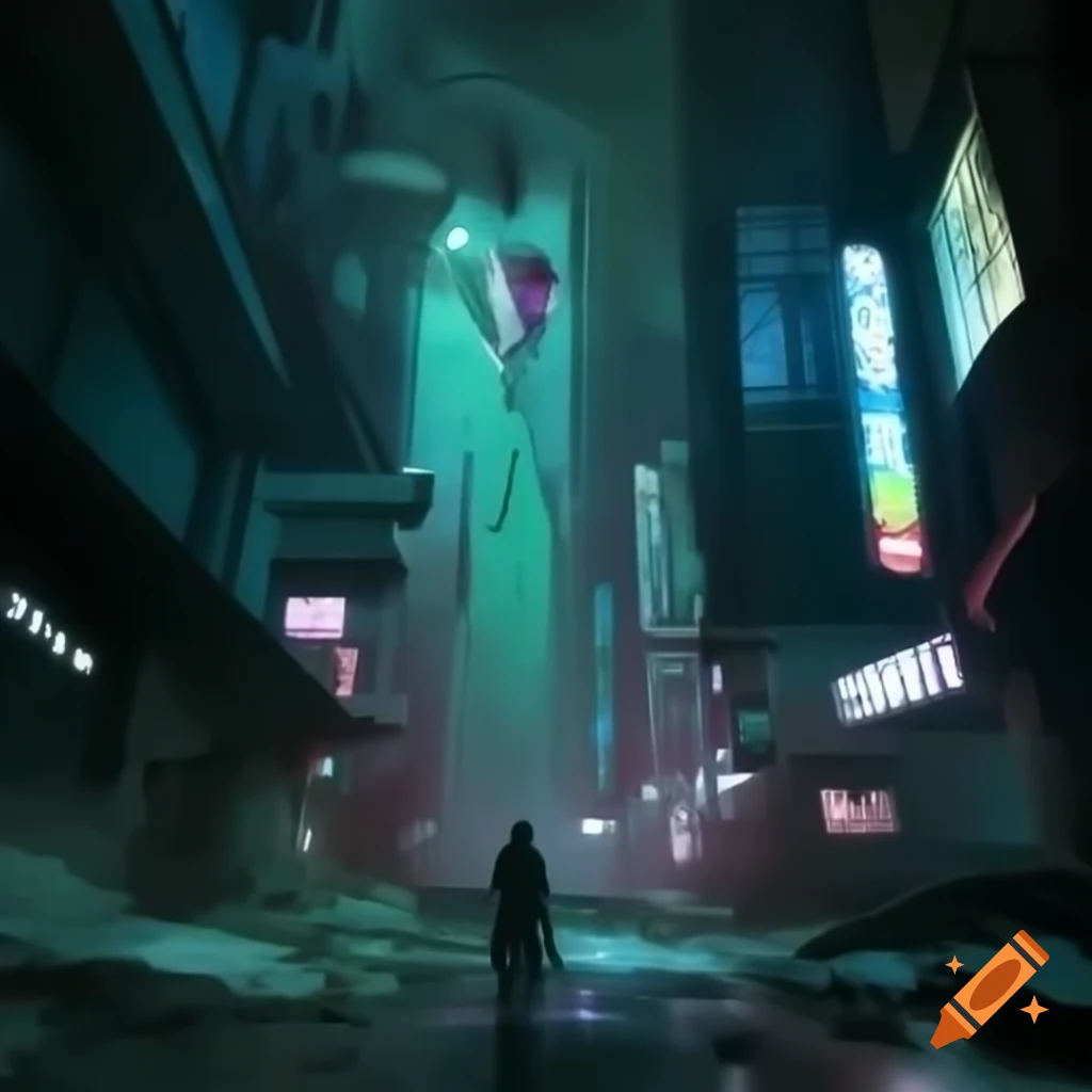 Bio-luminescent organisms in cyberpunk metropolis with neon streets on ...
