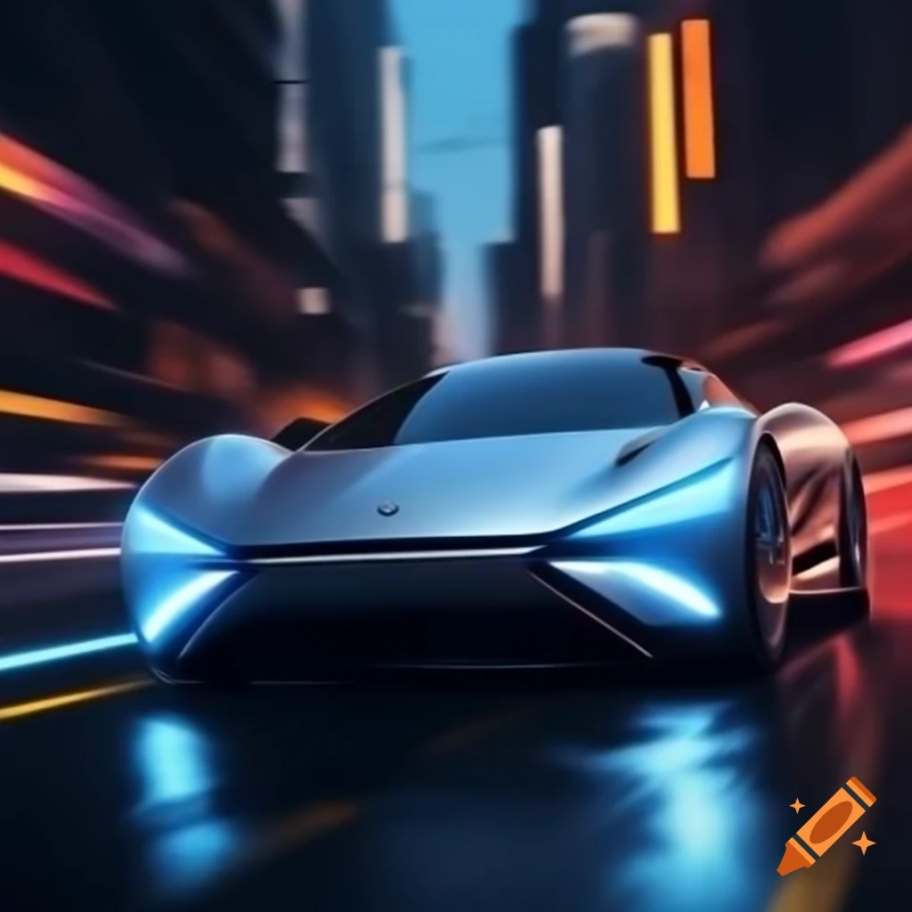 Hyundai N Vision 74 concept car racing through neon cityscape on Craiyon