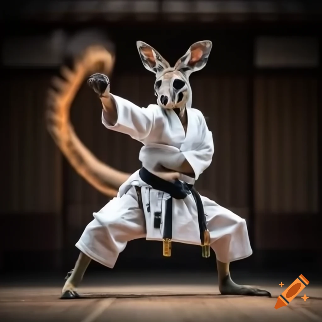 Agile kangaroo performing karate chop in white kimono on Craiyon