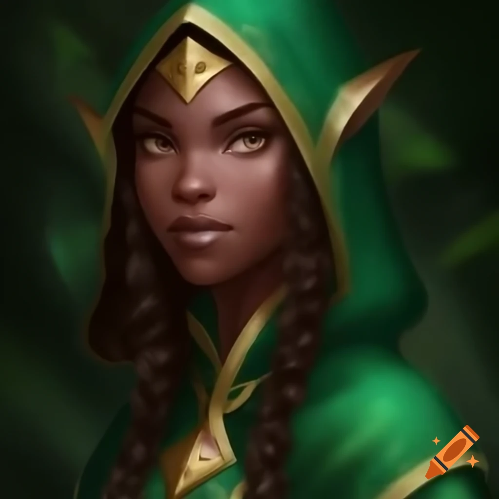 Female sorcerer in forest green robes with gold filigree on Craiyon